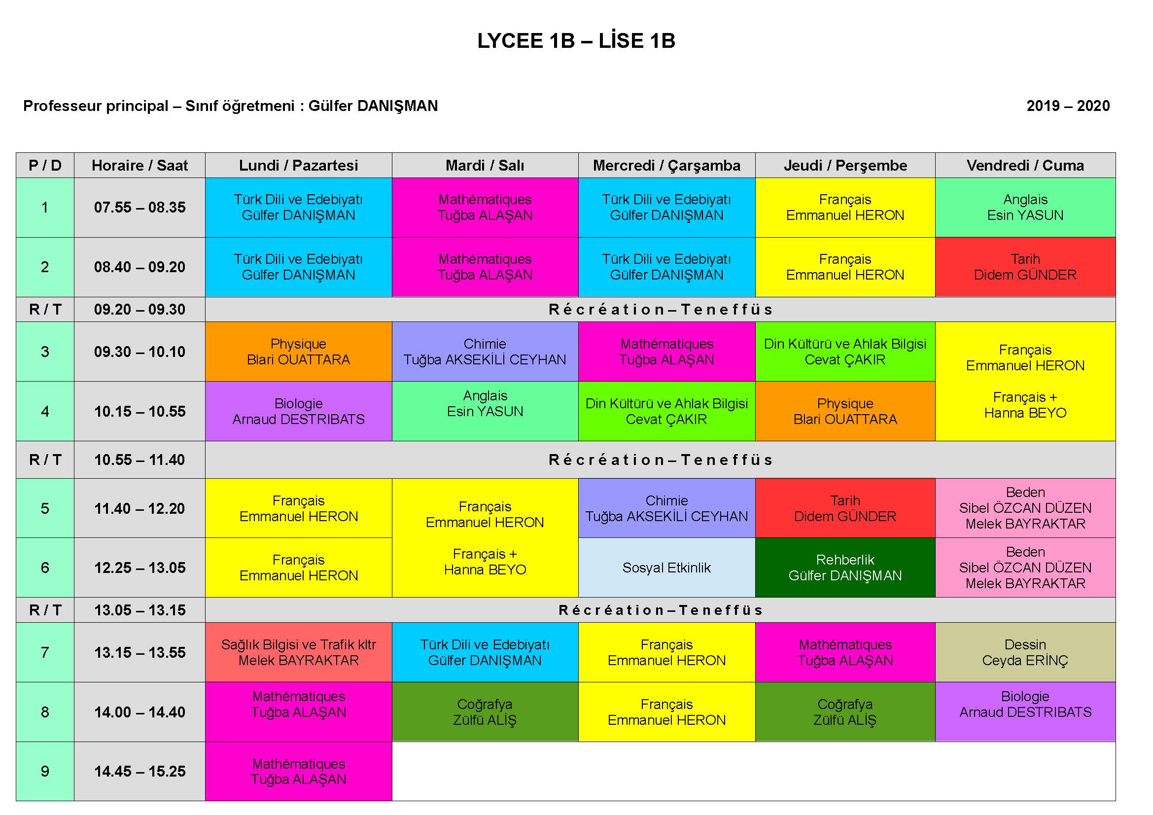 Emplois du temps - Özel Saint Benoît Fransız Lisesi
